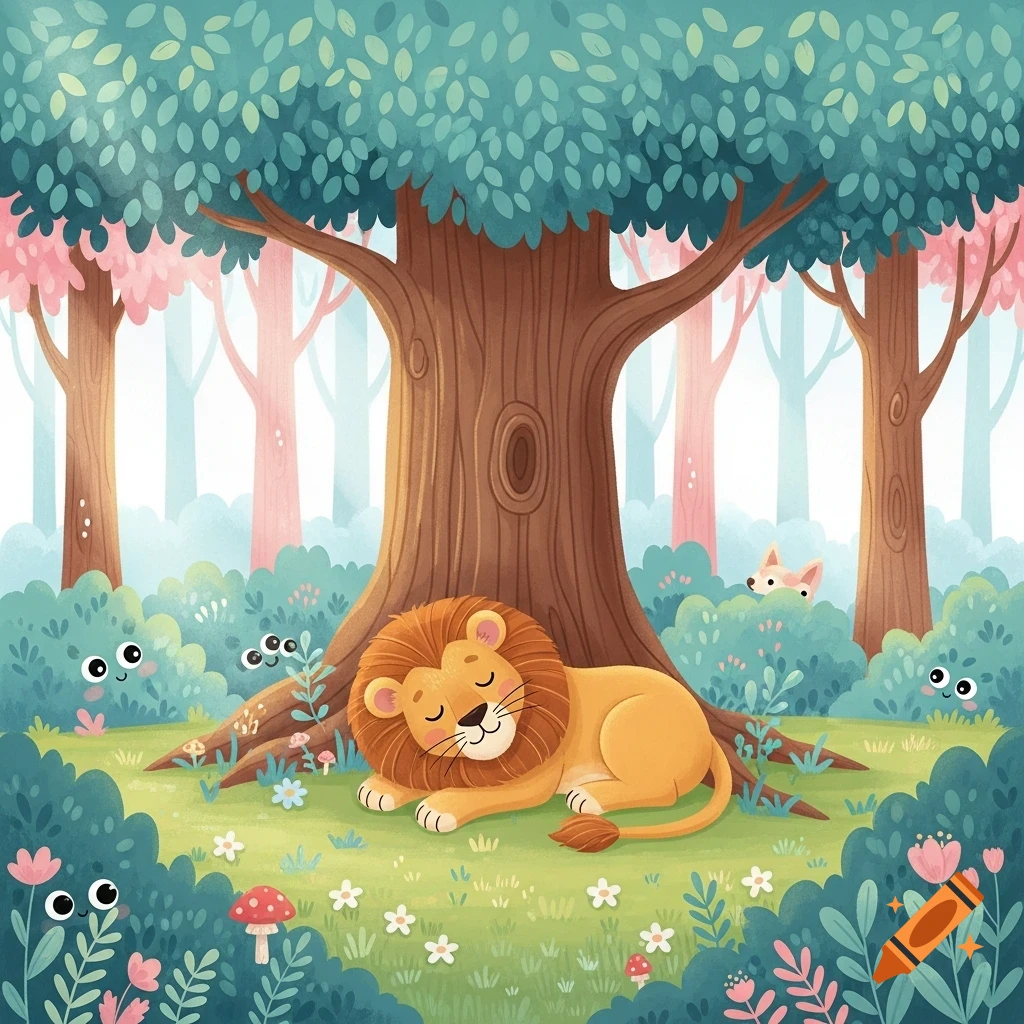 A cute cartoon lion sleeps under a tree in a pastel-colored forest with ...