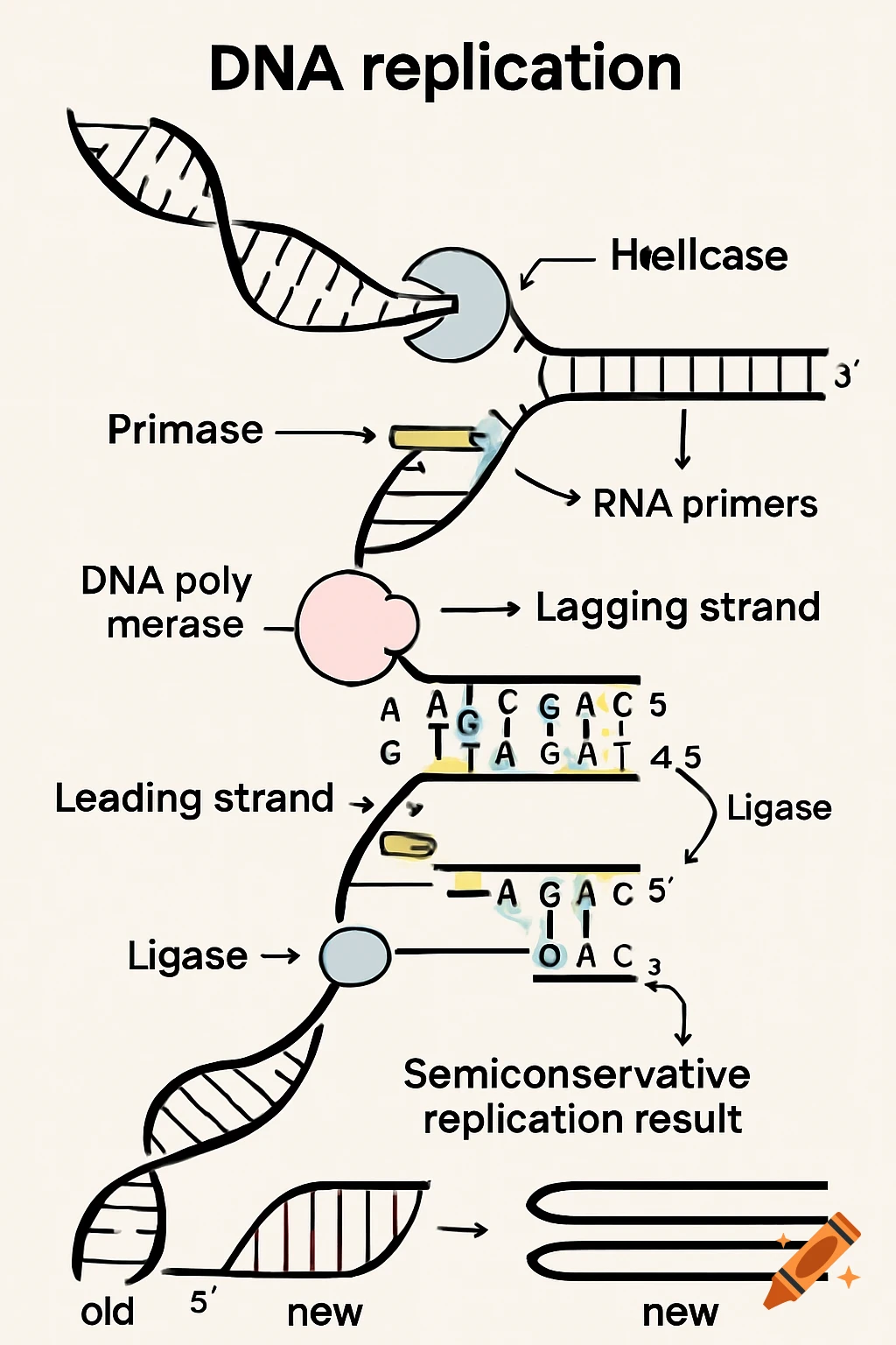 A colorful scientific diagram illustrating the steps of DNA replication ...