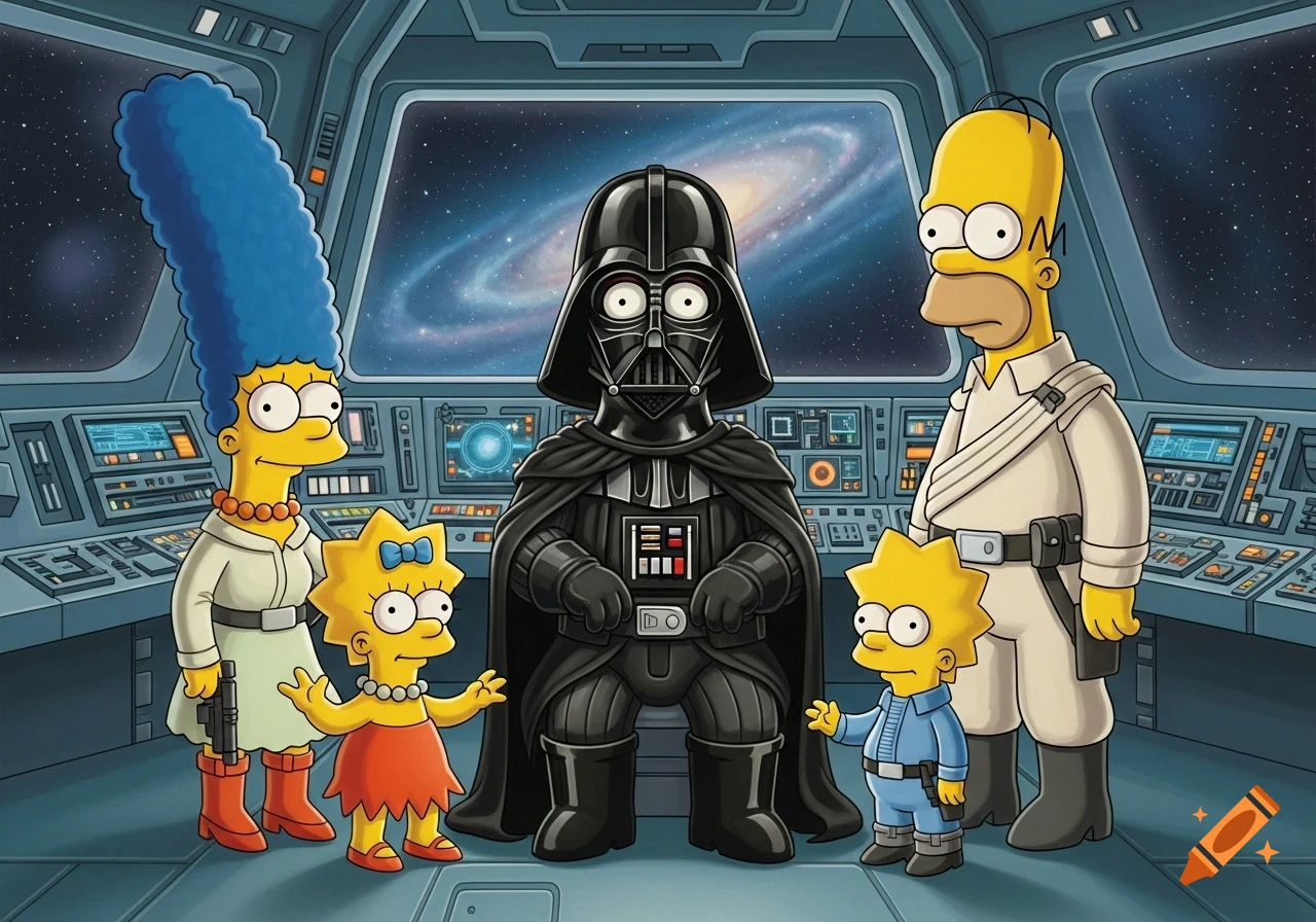 The Simpsons family dressed as Star Wars characters inside a spaceship ...