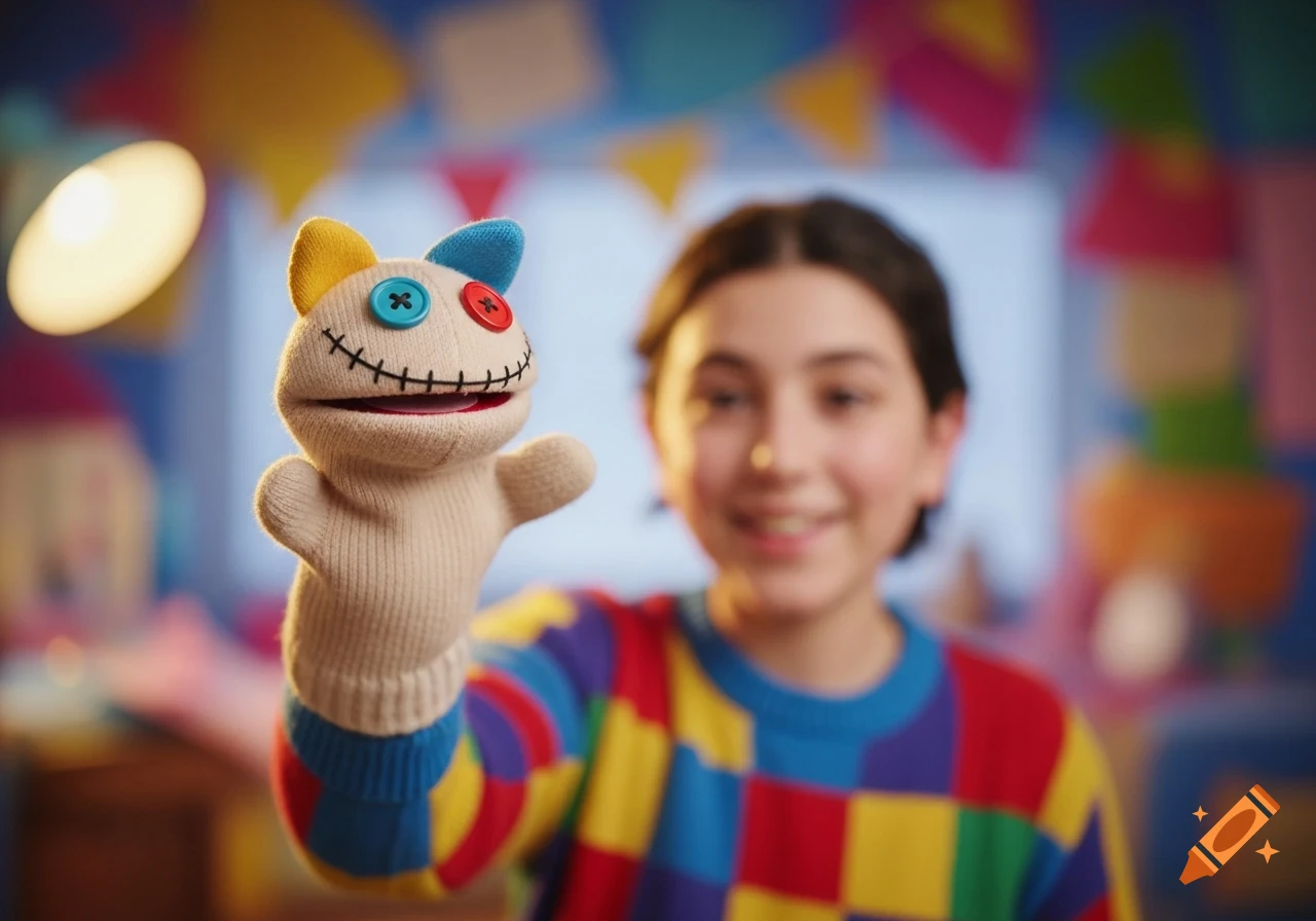 A smiling, beige sock puppet with button eyes and colorful ears held up ...