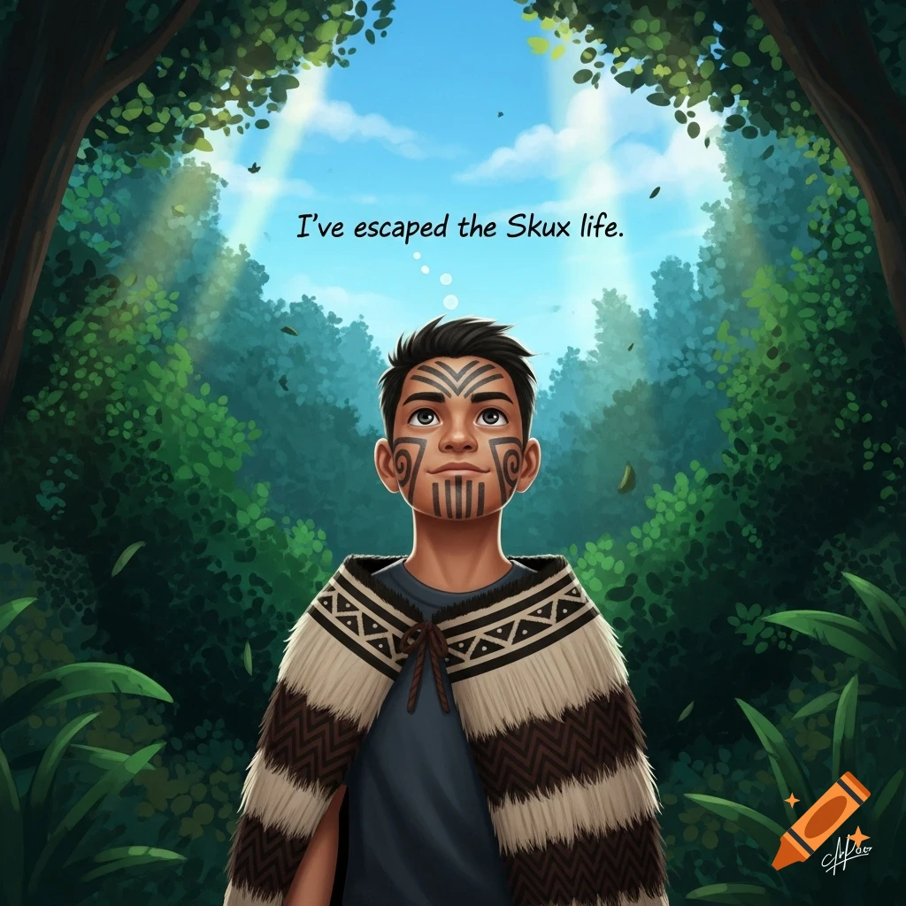 An illustration of a young Māori boy with facial tattoos and a ...