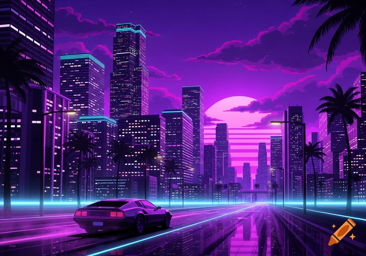 A retro wave cityscape at sunset with a lone car driving on a neon-lit ...