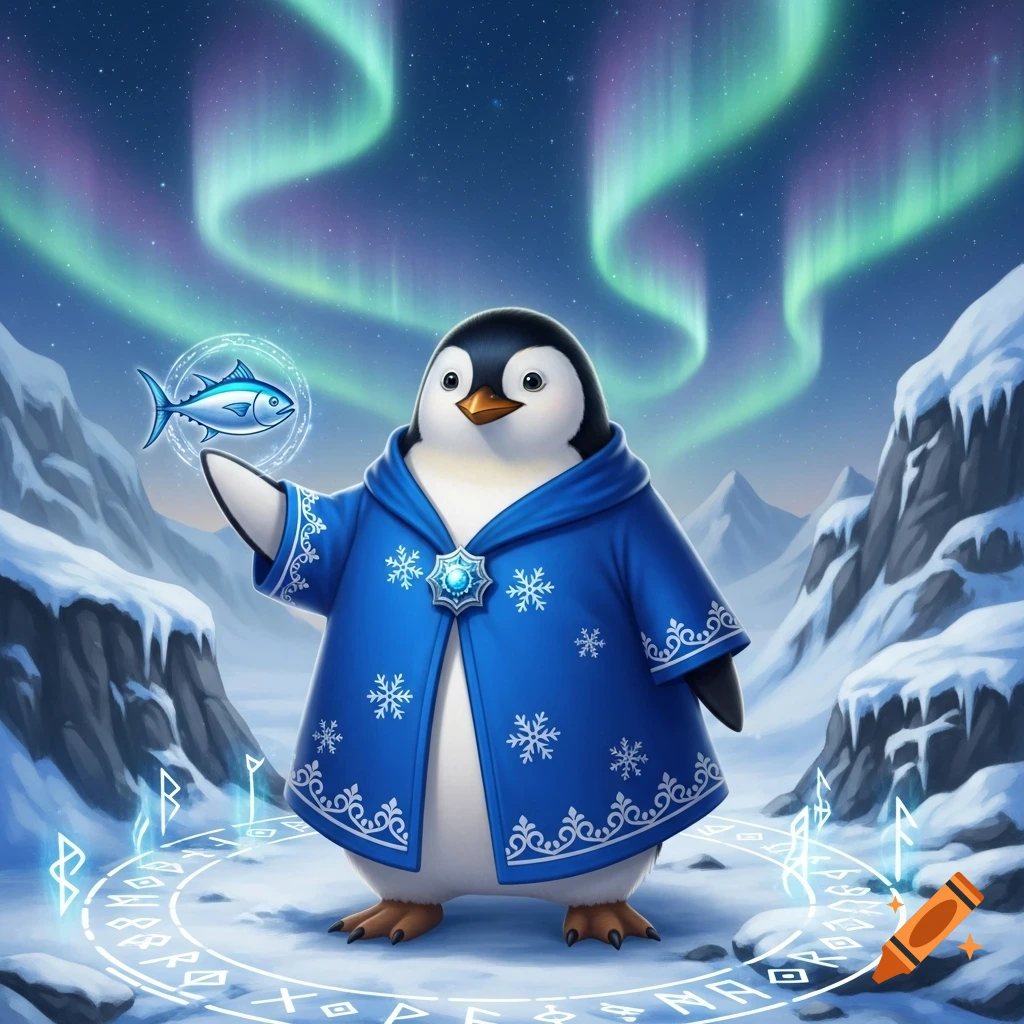 A cute penguin wizard in a blue robe holds a glowing fish, standing in ...