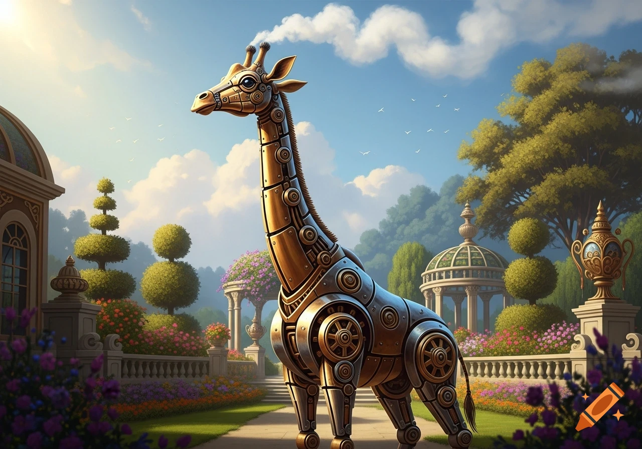 A majestic steampunk giraffe stands in an ornate, flowery garden with ...