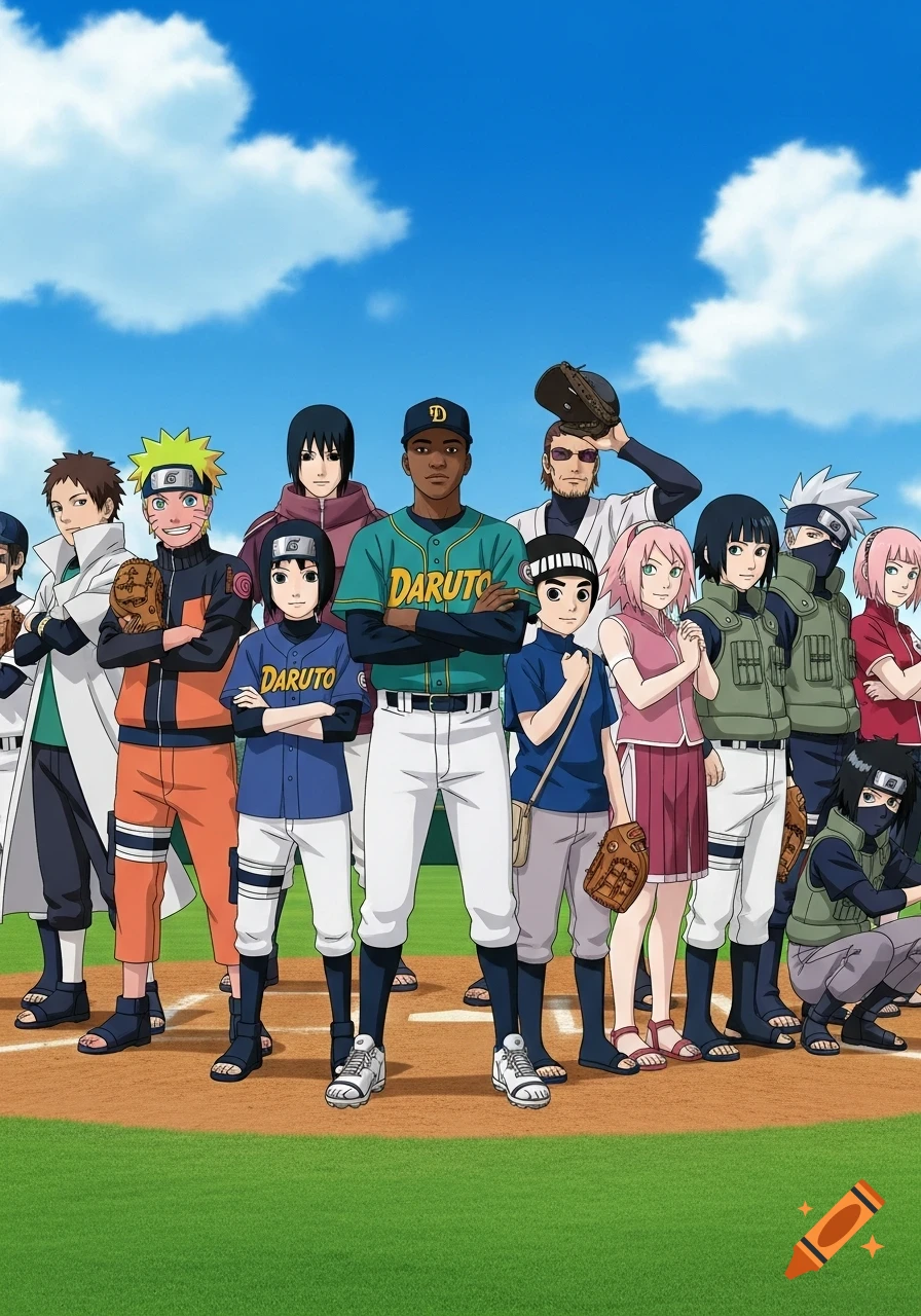 Anime characters including Naruto and two human players in baseball ...