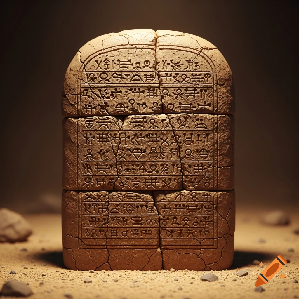 An ancient, cracked mud tablet standing upright on sandy ground ...