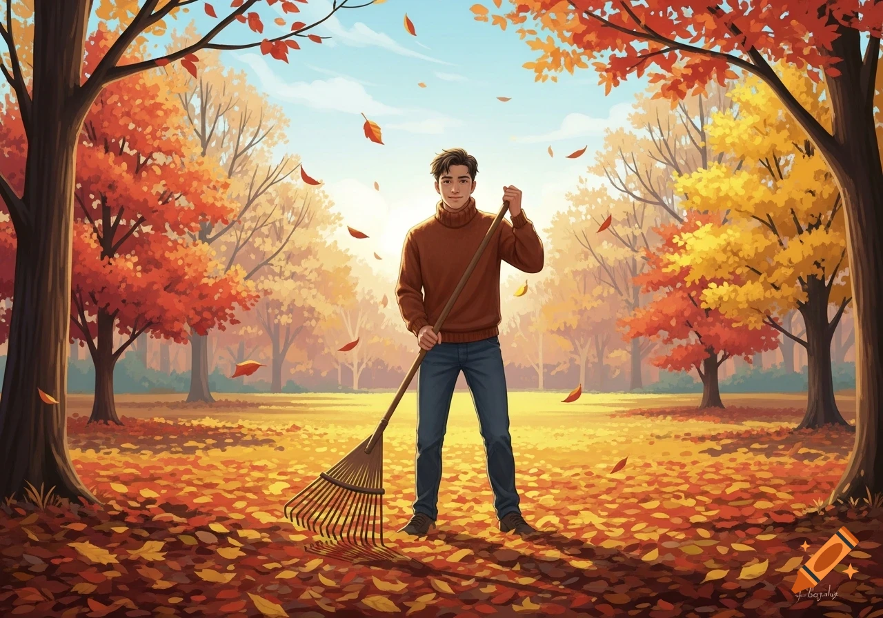 Illustrated young man raking autumn leaves in a vibrant park with red ...
