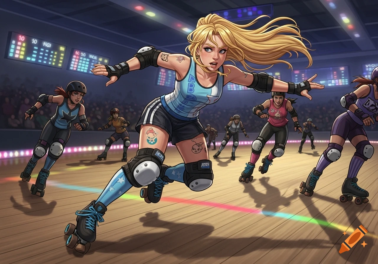A blonde woman roller skating in a roller derby match, surrounded by ...