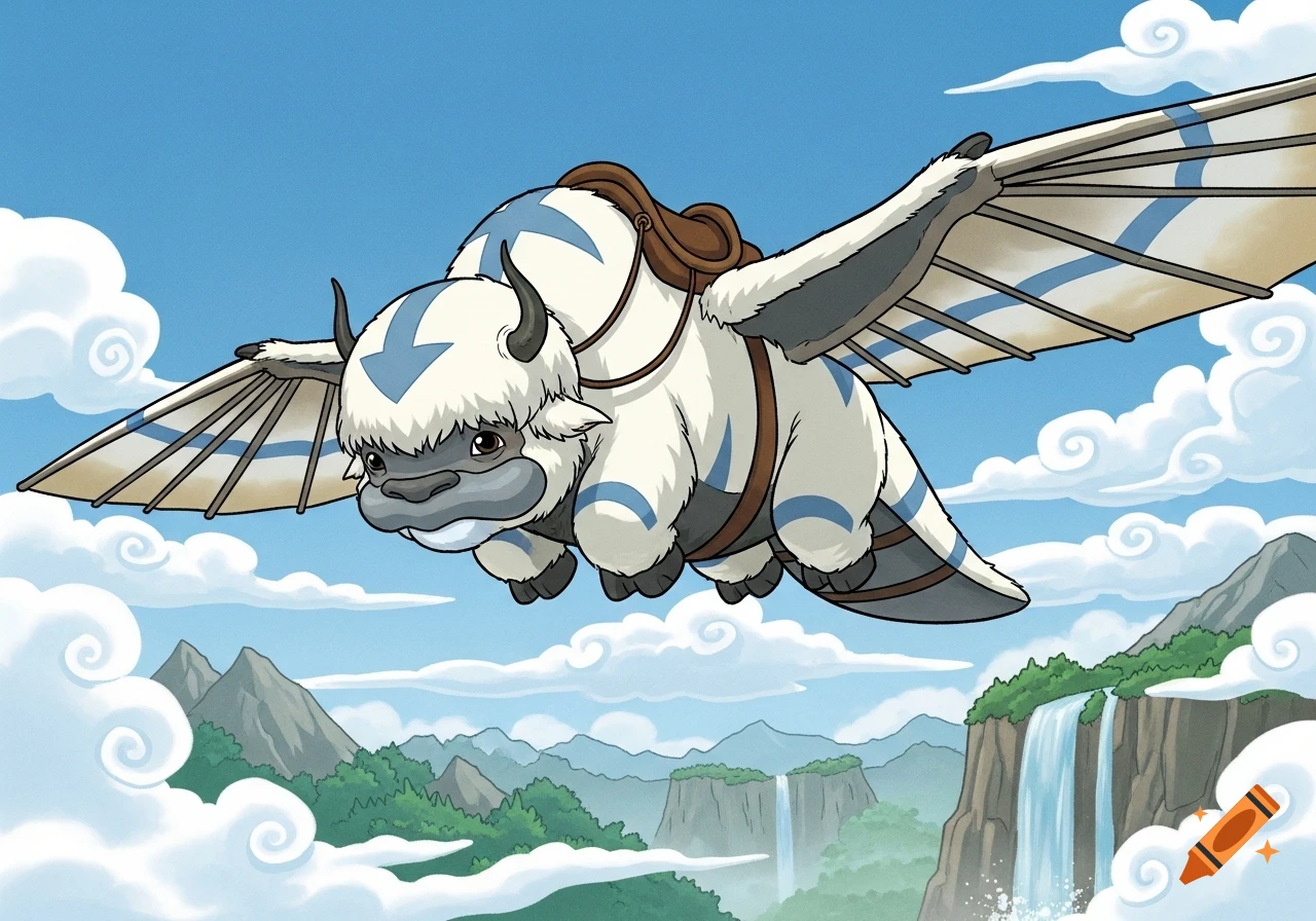 Appa, the flying bison from Avatar, soars above mountains and ...