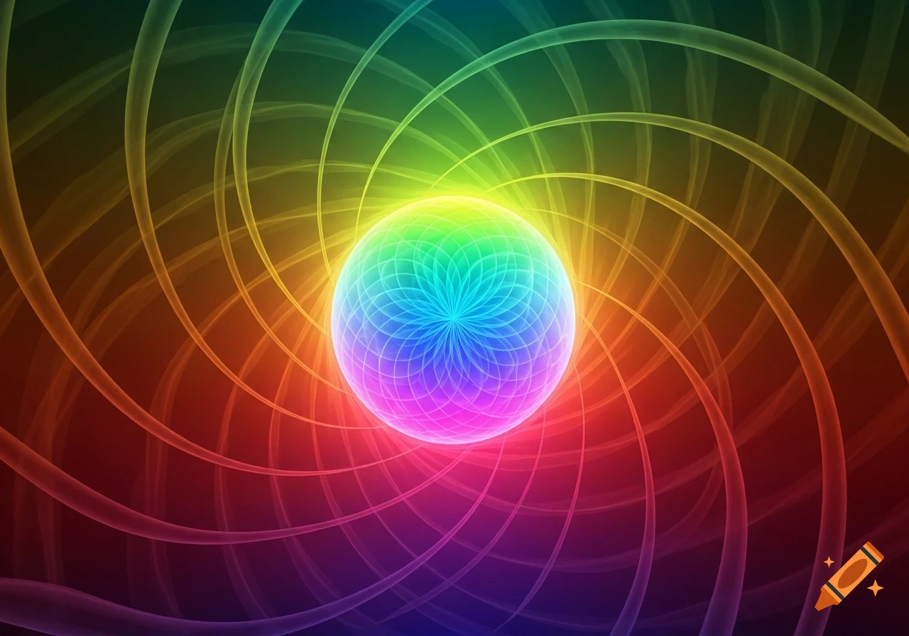 A vibrant abstract image with a central glowing rainbow sphere and ...