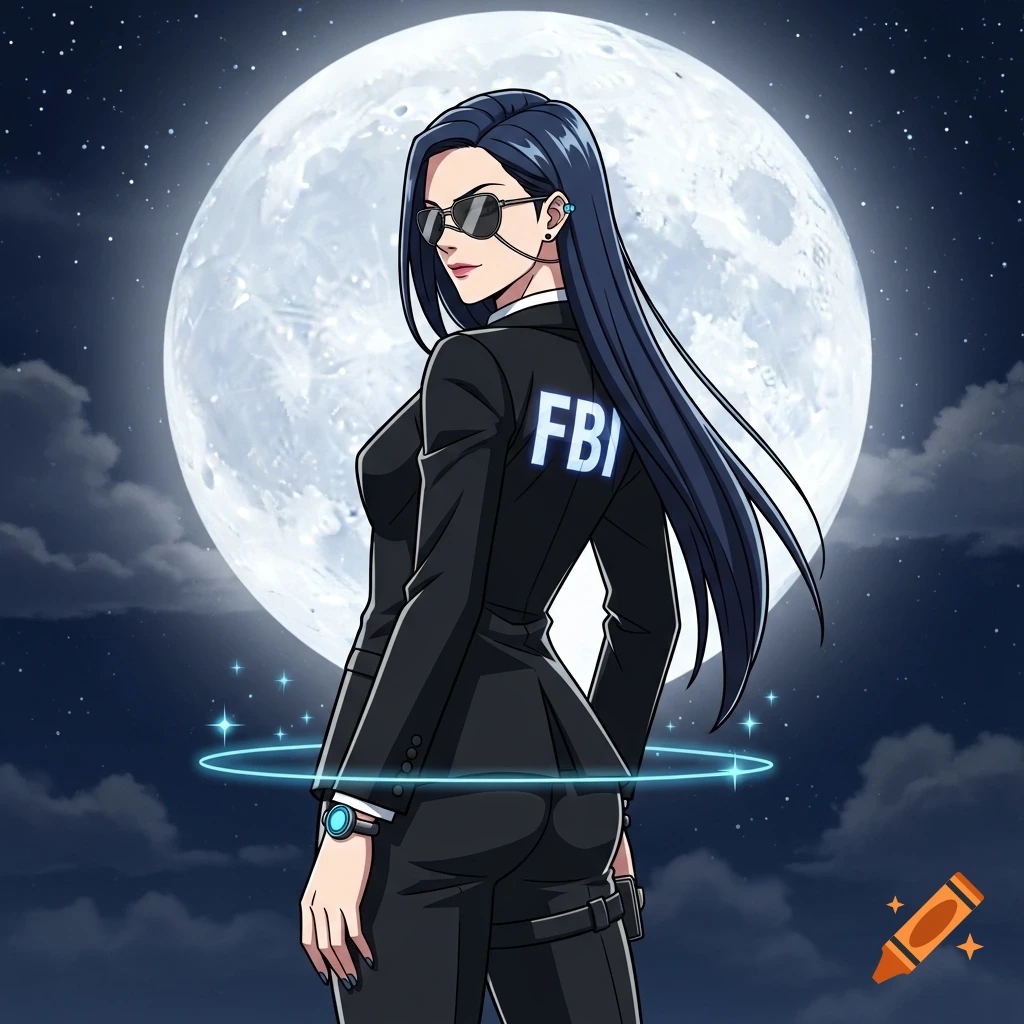 Anime-style female FBI agent with sunglasses looking over her shoulder ...