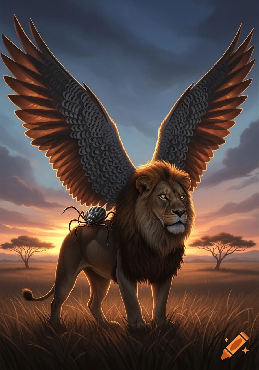 A majestic winged lion with a large tick on its back stands in a ...