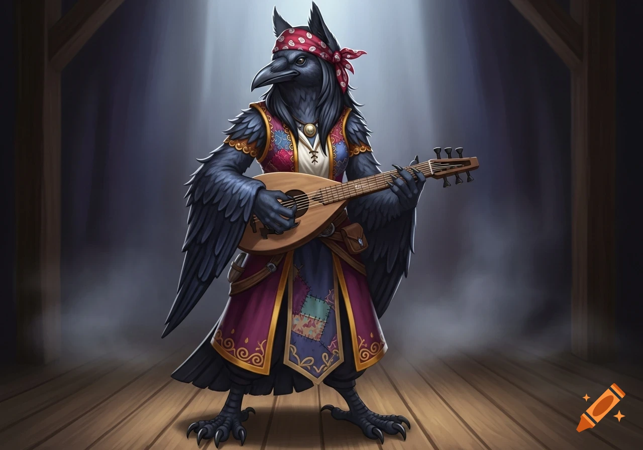 An anthropomorphic raven bard with a red bandana and colorful clothes ...