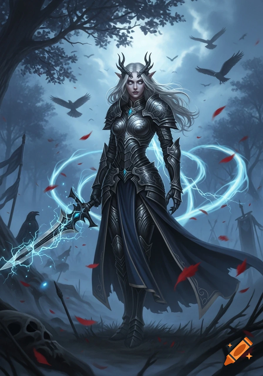 A pale-skinned female death fae warrior with horns and glowing eyes ...