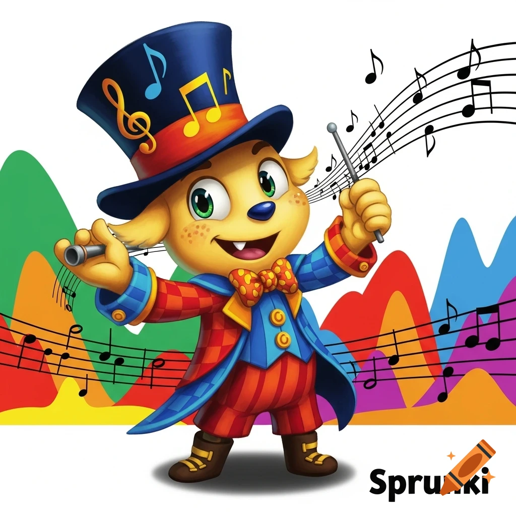 A vibrant cartoon mascot, Sprunki, a yellow creature in a top hat and ...