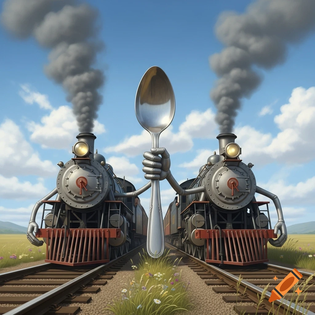 Two anthropomorphic steam trains with arms face each other on tracks ...