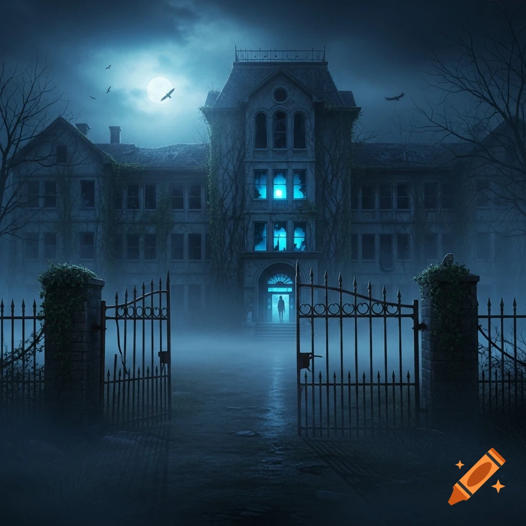 An eerie, fog-covered abandoned orphanage at night, with a silhouette ...
