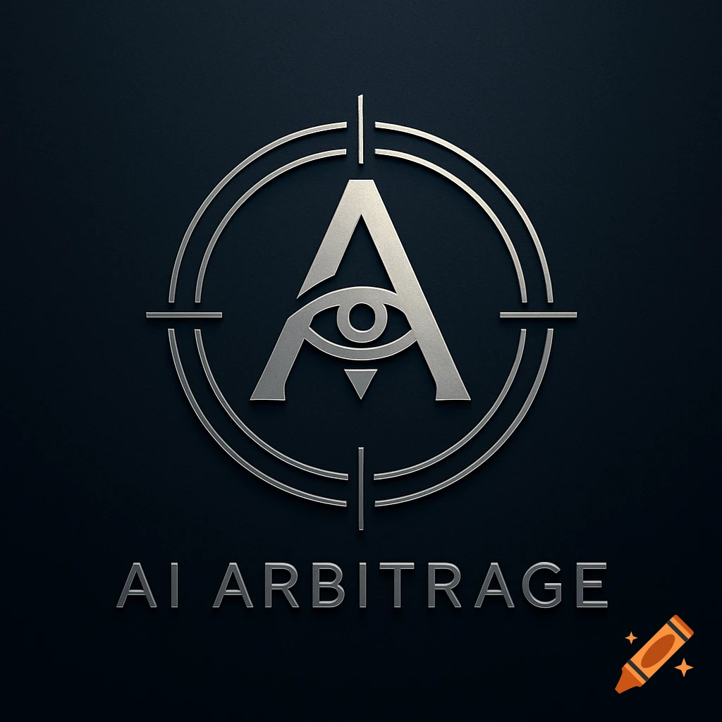 Metallic silver AI ARBITRAGE logo with a stylized 'A' featuring an eye ...