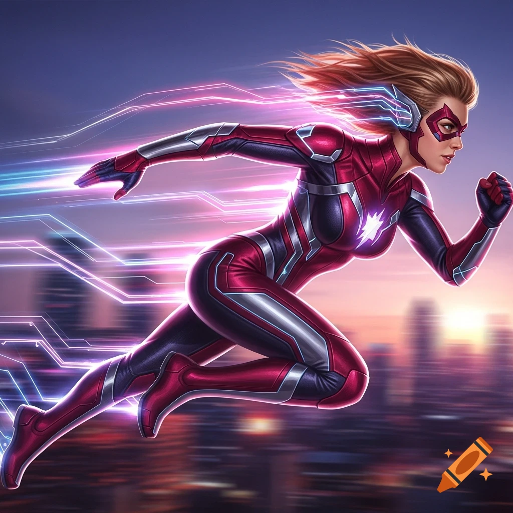 A female superhero in a red and silver suit races across a city skyline ...