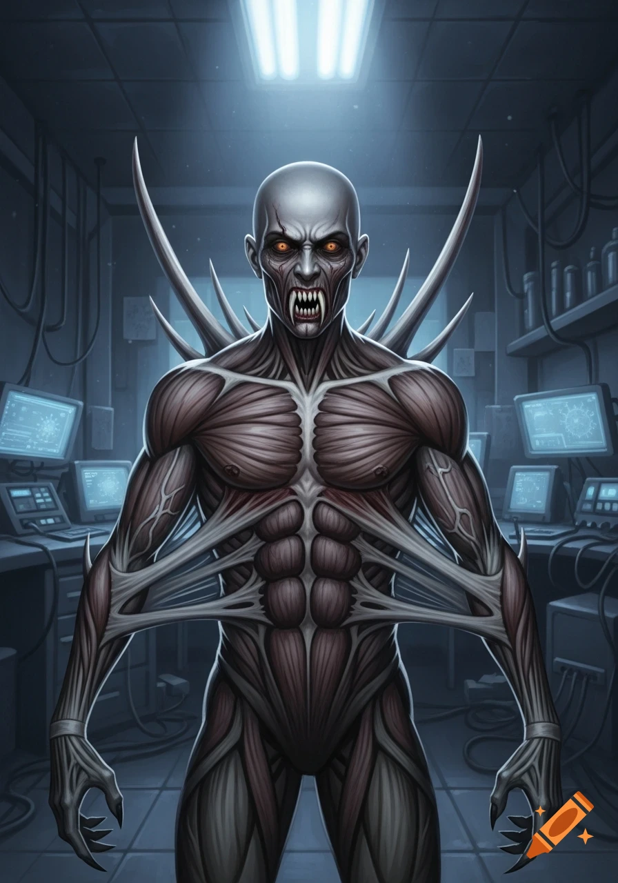 A muscular, monstrous creature with exposed red muscles, sharp teeth ...