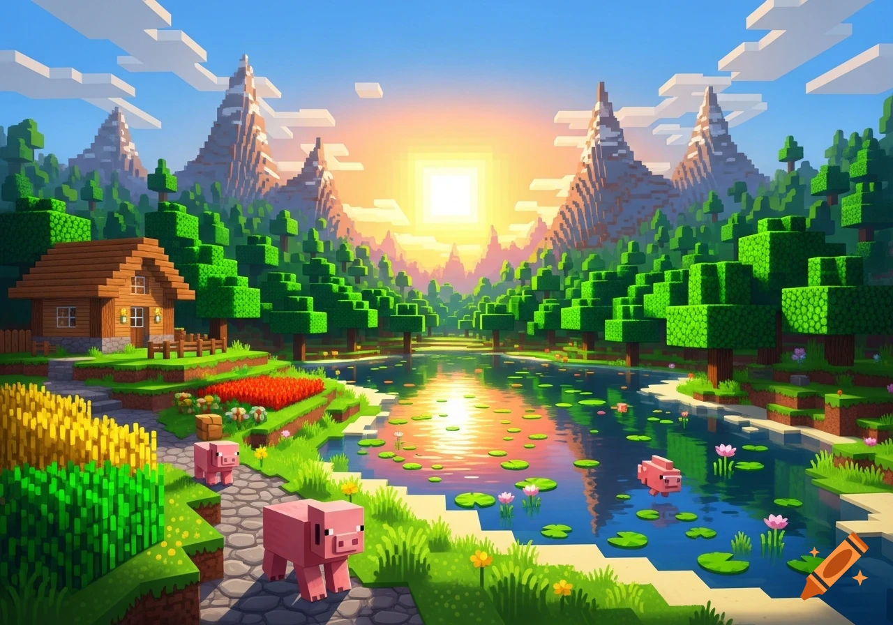 A vibrant, blocky Minecraft-style landscape with a river, green trees ...
