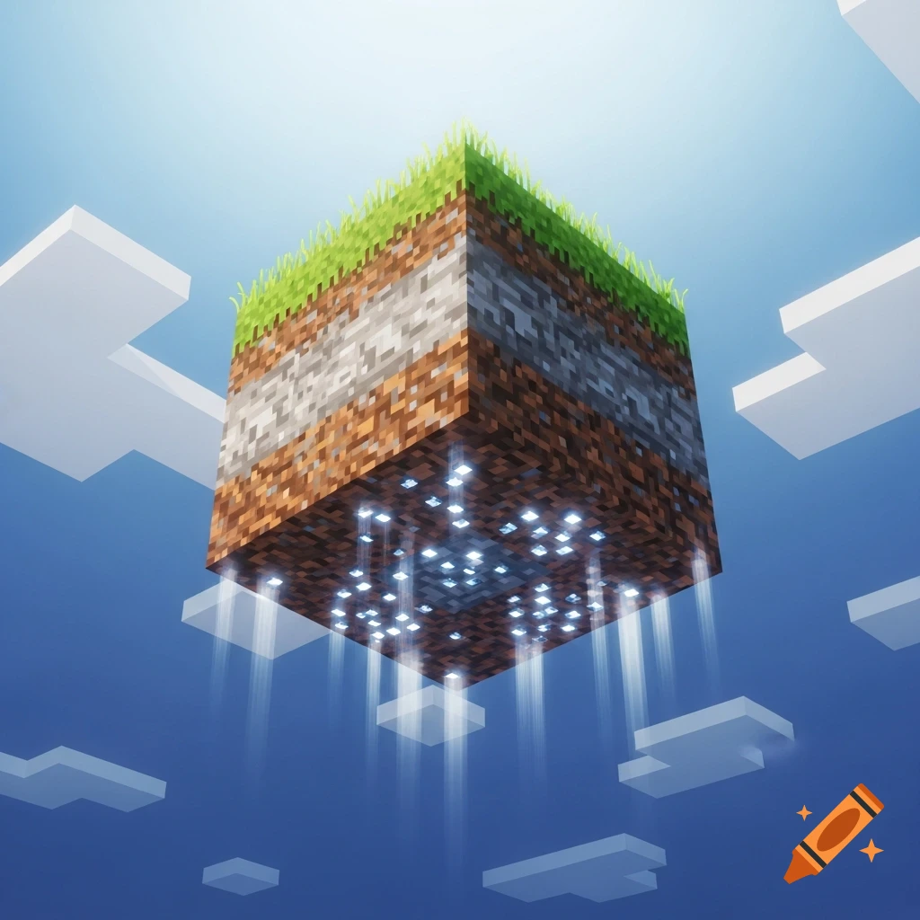 Minecraft-style floating dirt block with green grass, layered soil ...