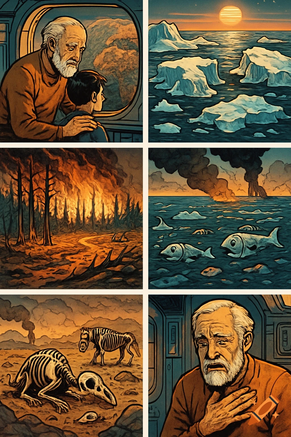 A six-panel comic illustrates Earth's environmental devastation with a ...