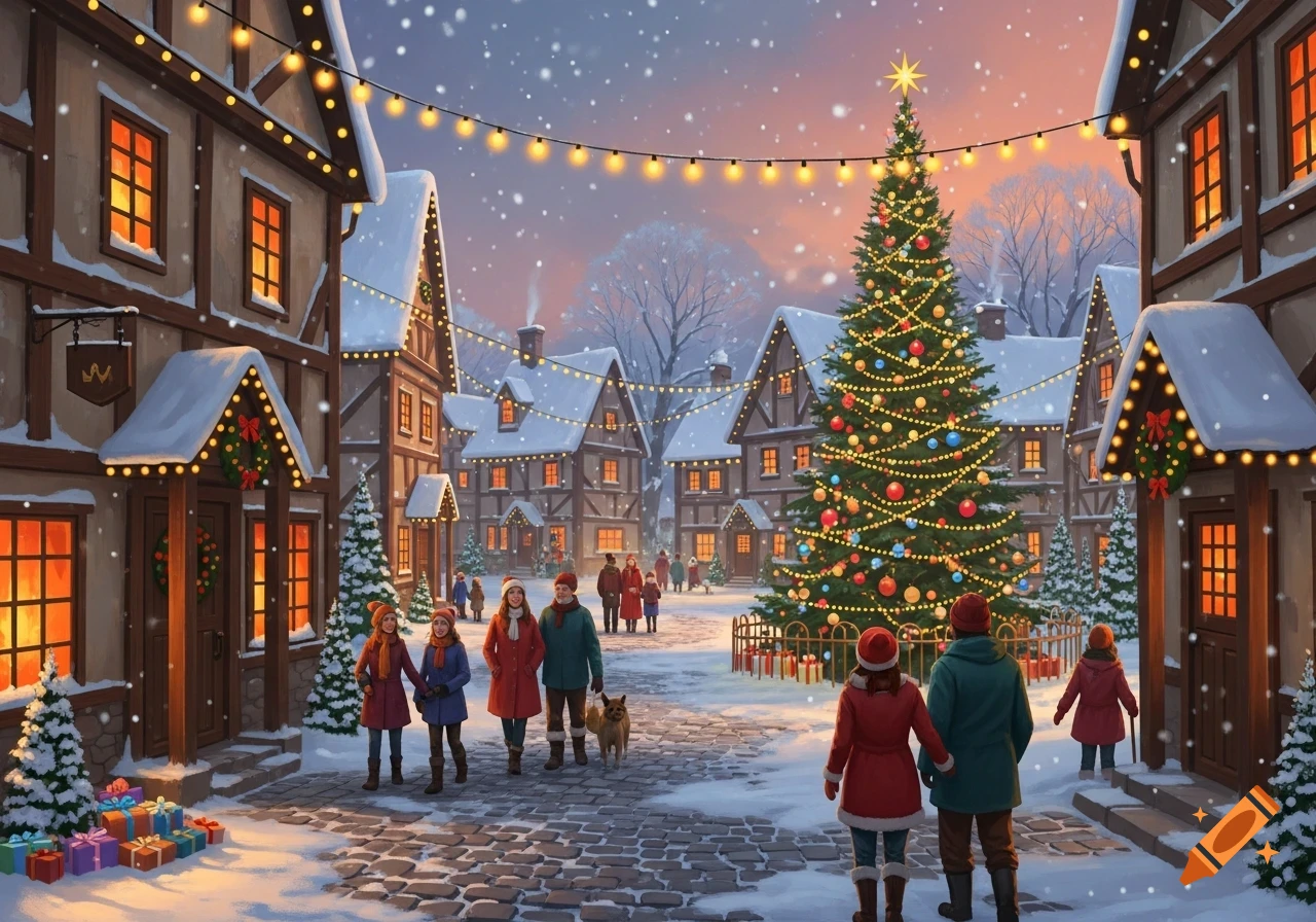 A snowy Christmas village scene with people walking, a large decorated ...