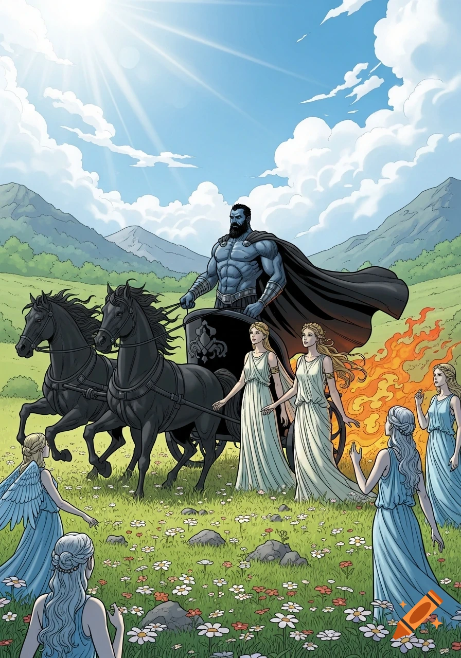 Hades in a chariot with two black horses abducting Persephone, as ...