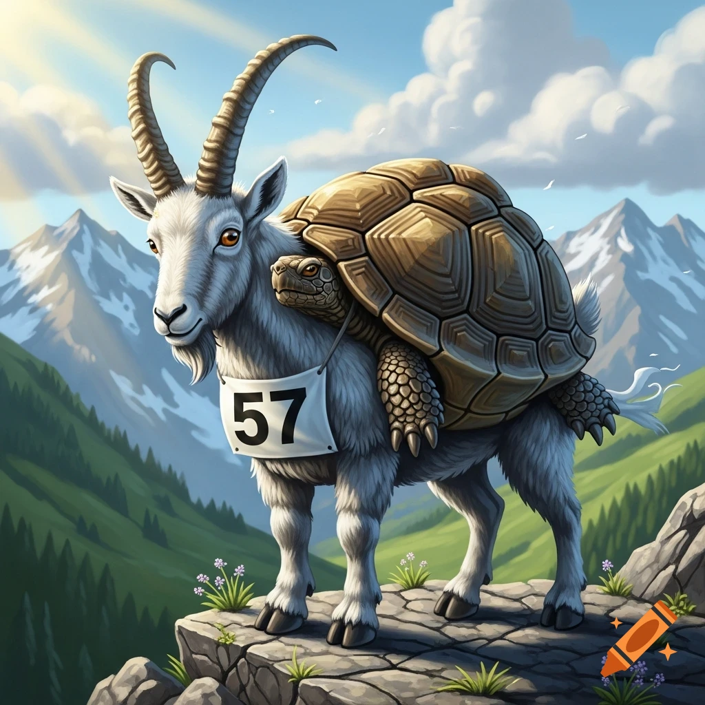 Illustrated mountain goat carrying a turtle shell, wearing a '57' race ...