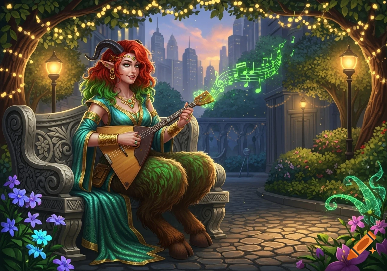 A smiling female satyr with red and green hair, horns, and hooves, sits ...