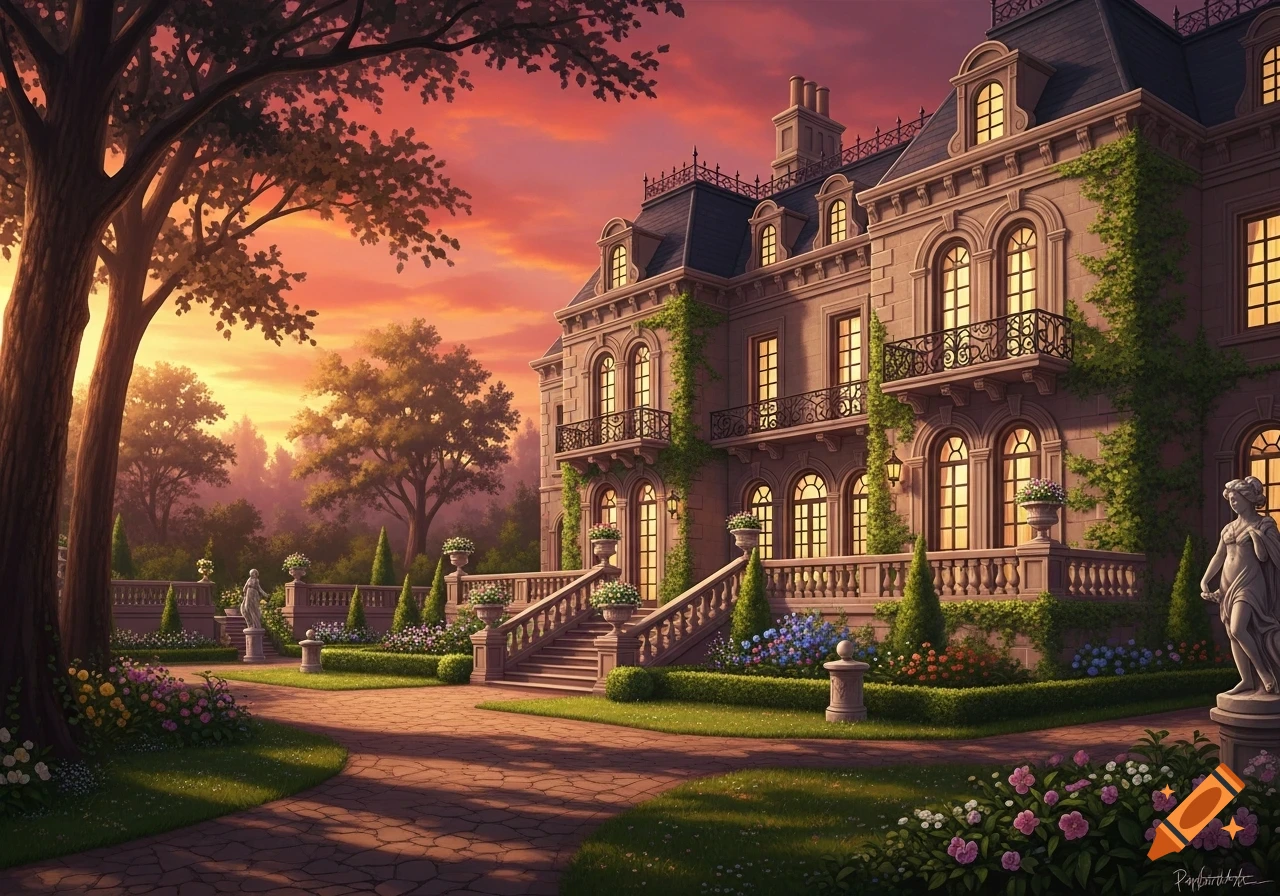 A grand, ivy-covered mansion with elegant gardens and statues ...