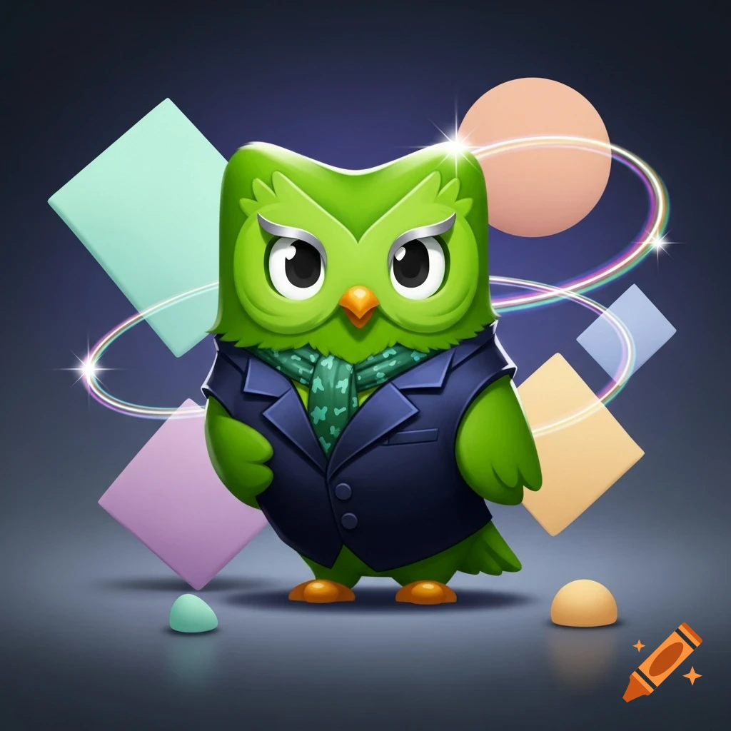 A stylish Duolingo owl mascot wearing a dark blue suit and a green tie ...
