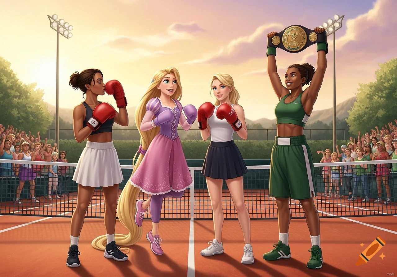 Animated illustration of four female boxers on a tennis court, with a ...