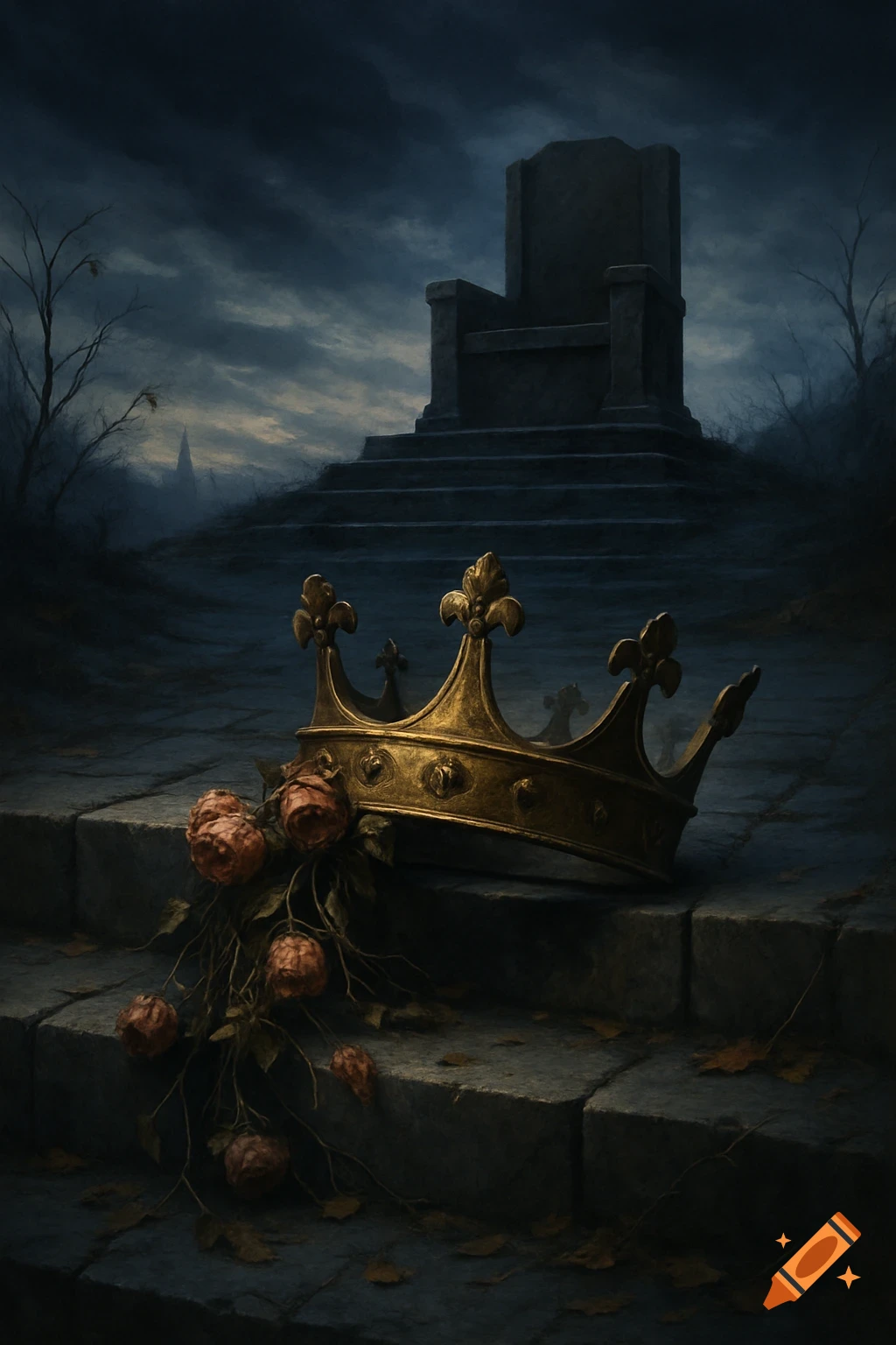 A golden crown and wilted roses rest on dark stone steps leading to an empty, imposing throne ...