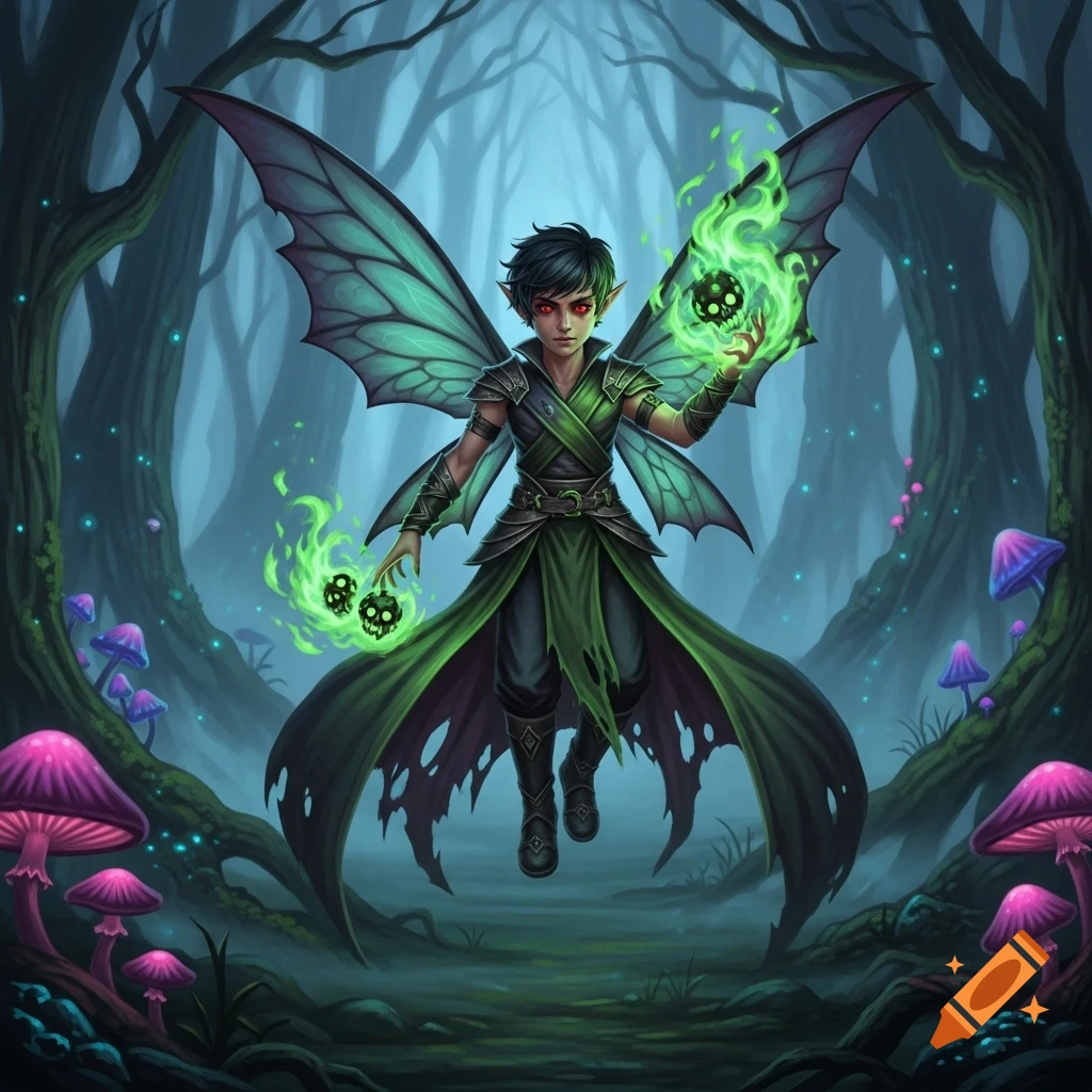 A male pixie necromancer with bat wings hovers in a bioluminescent ...
