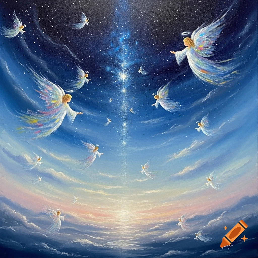 Impressionistic painting of many angels with colorful wings flying in a ...