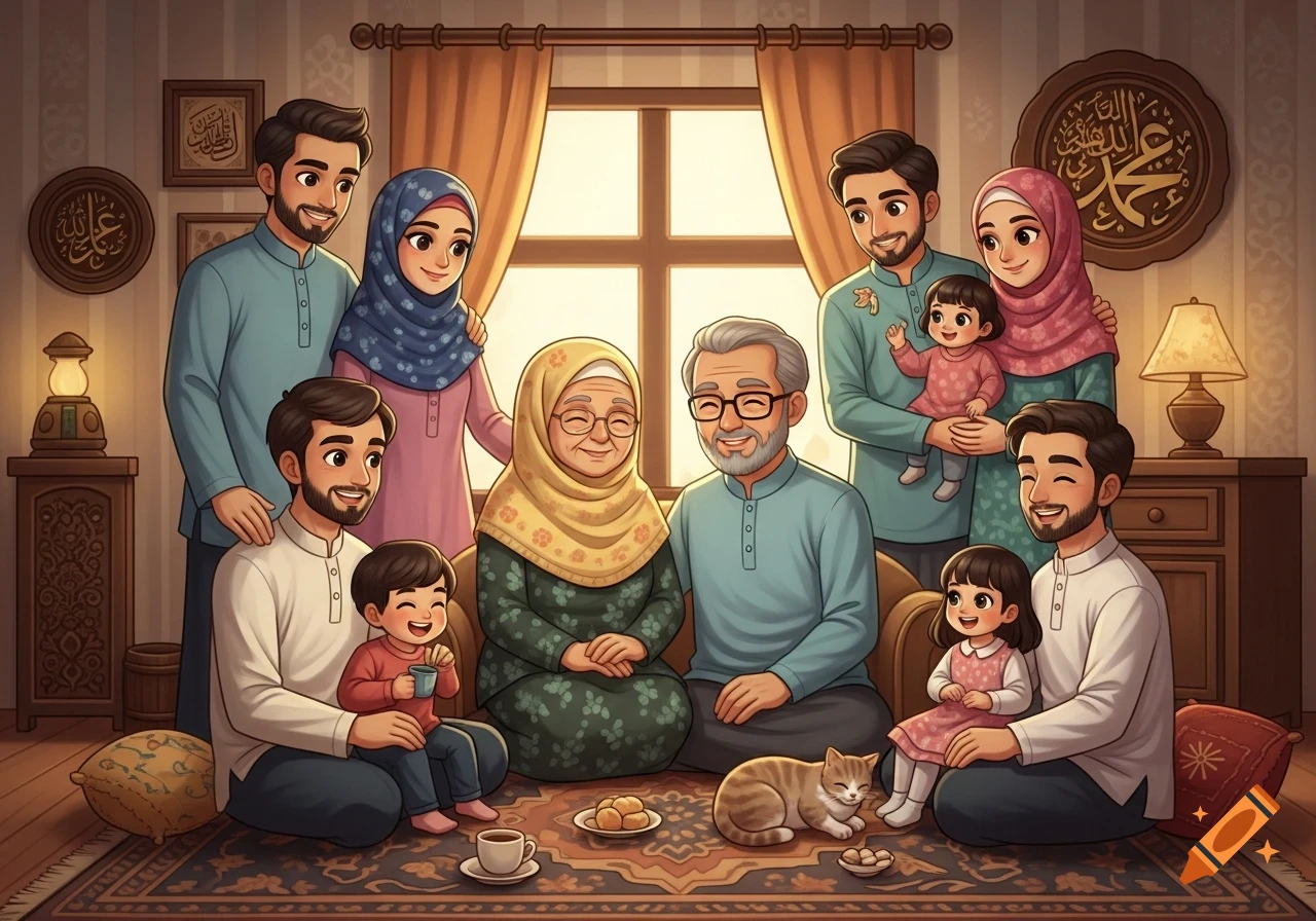 An illustration of a Muslim family, including grandparents, parents ...