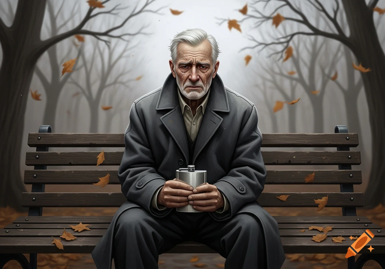 A sad, grey-haired old man sits on a park bench holding a flask, surrounded by falling autumn ...