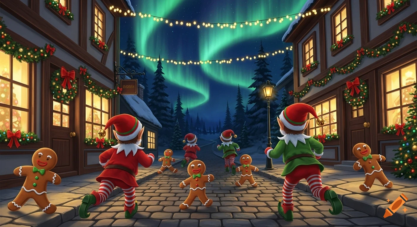 Santa's elves chase gingerbread men down a festive Christmas street ...