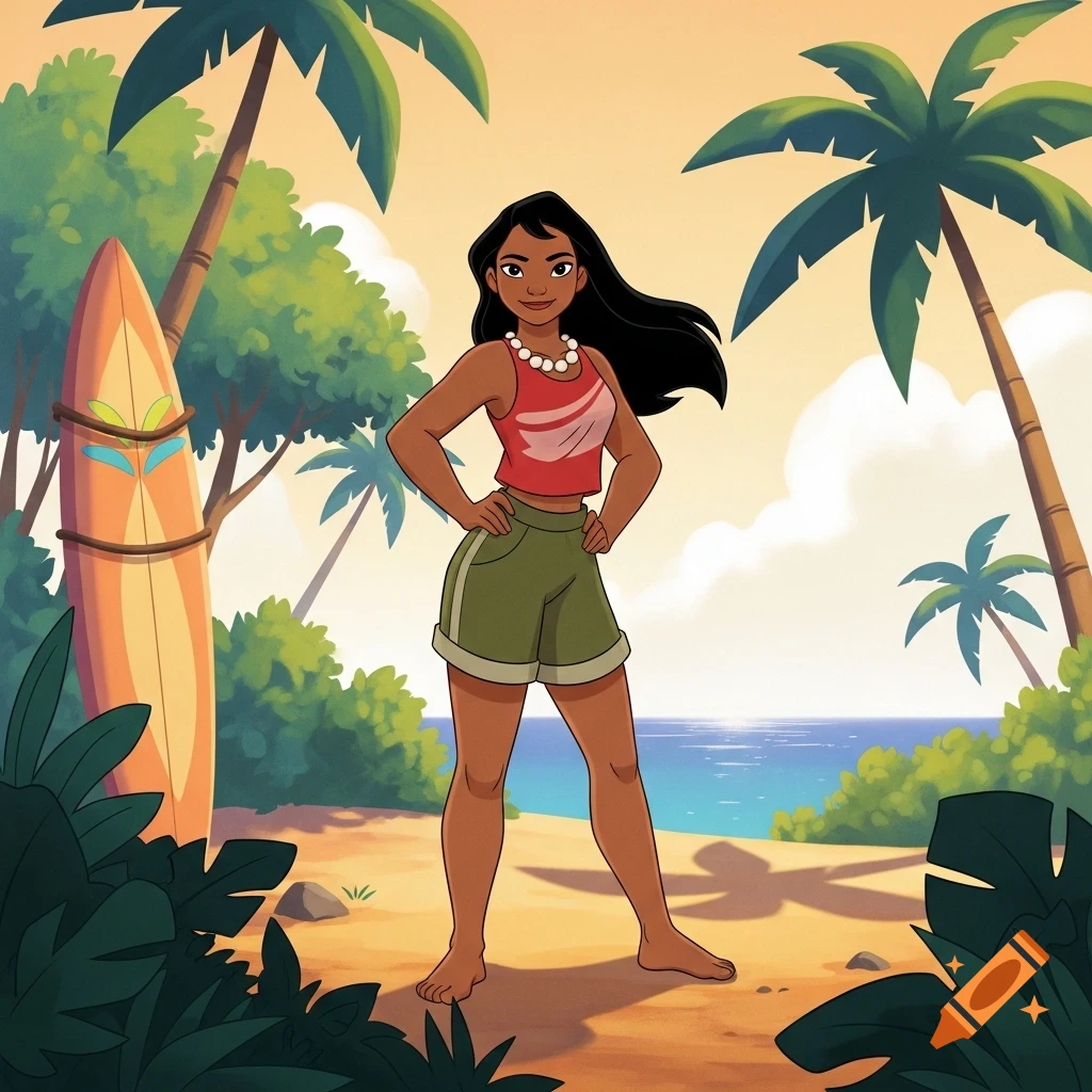 Animated woman resembling Nani Pelekai standing confidently on a ...