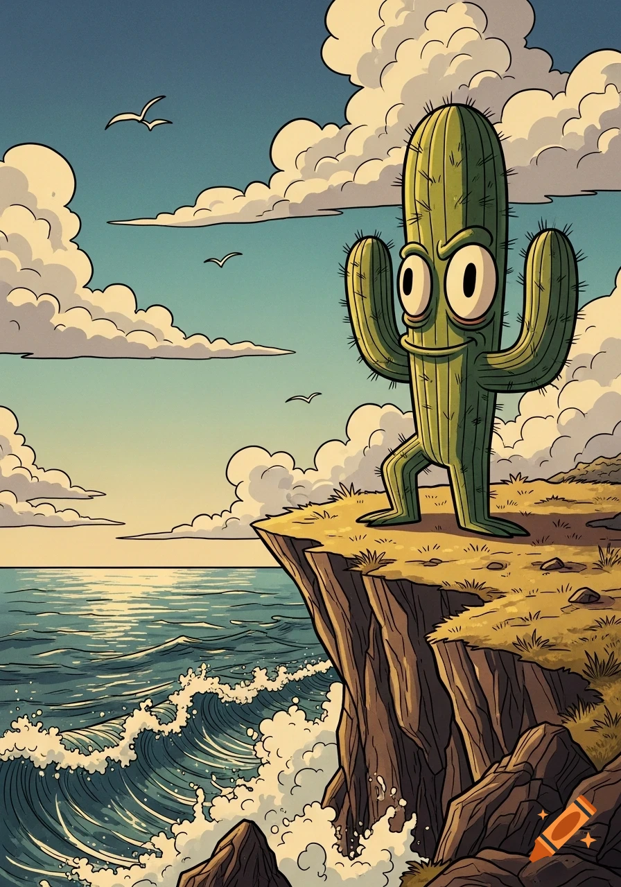A cartoon cactus with a grumpy expression stands on a cliff overlooking ...