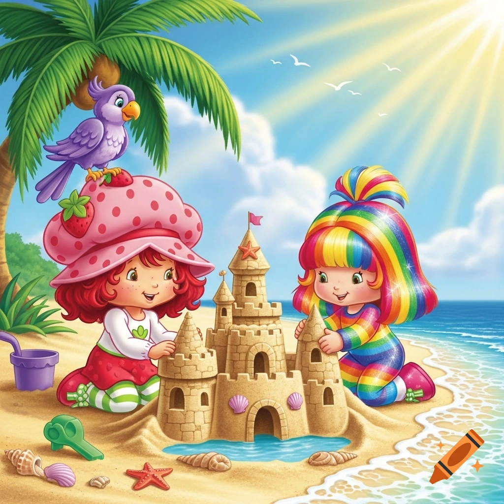 Strawberry Shortcake and Rainbow Brite building a sandcastle on a sunny ...
