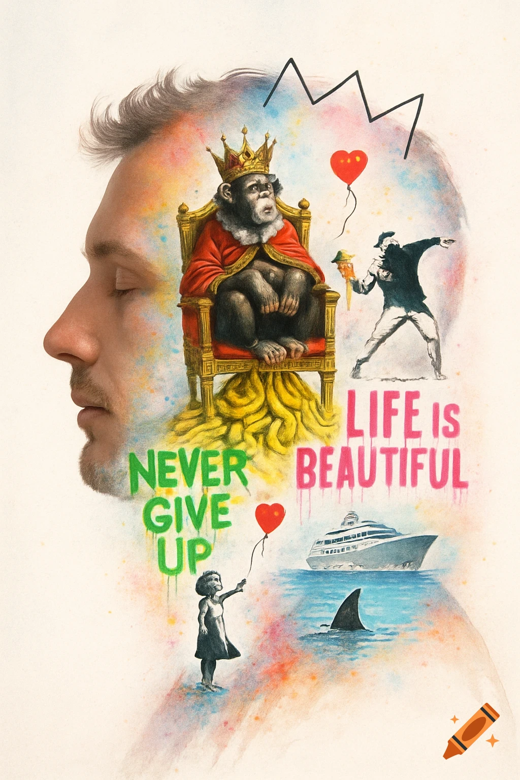 Surreal double-exposure portrait of a man's profile, filled with pop ...