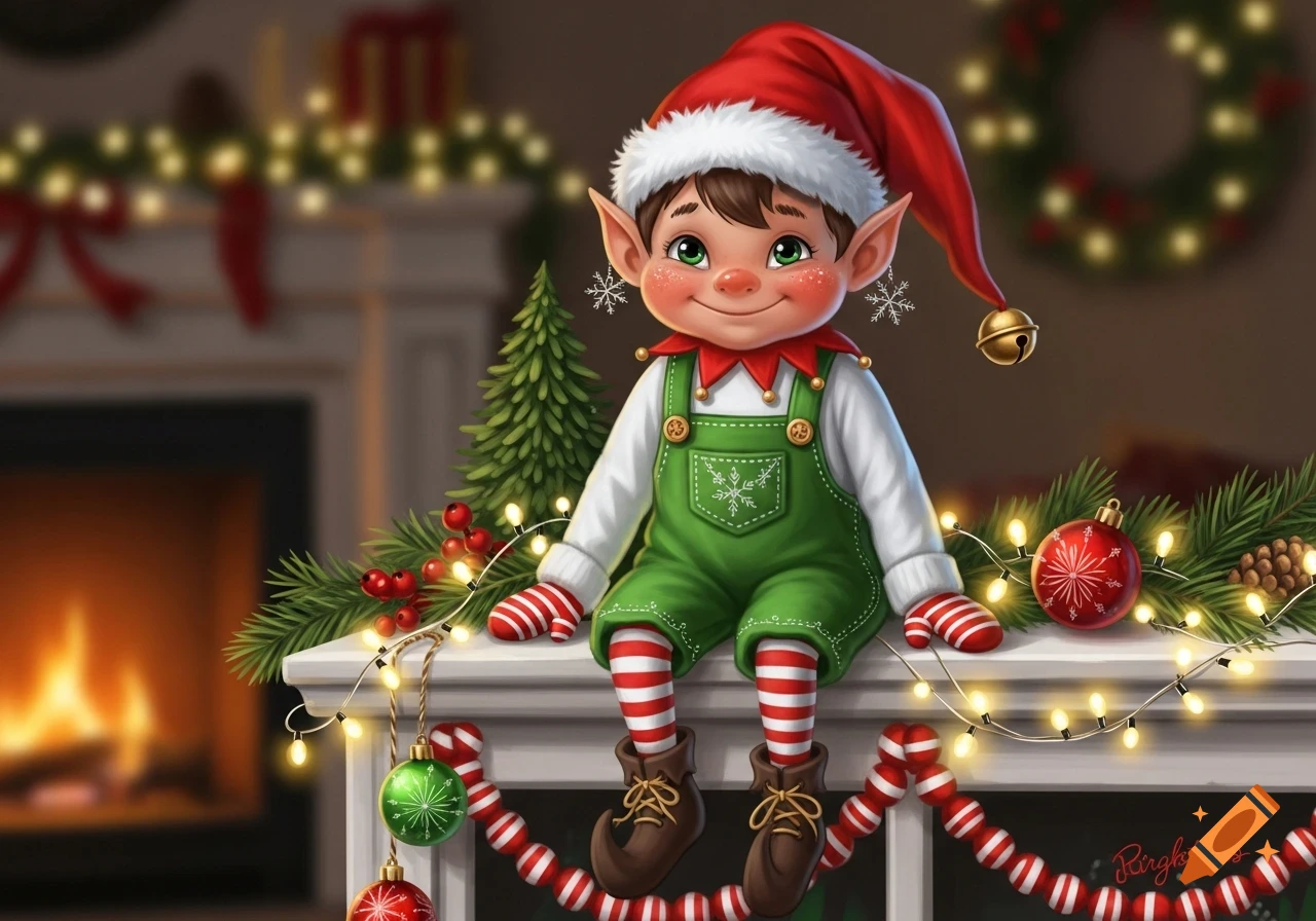 A cute male Christmas elf with a cheeky face, wearing green overalls ...