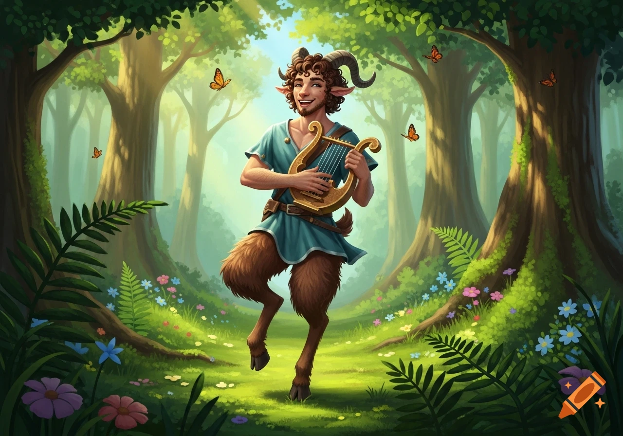 A smiling satyr with horns and goat legs plays a golden lyre in a lush ...