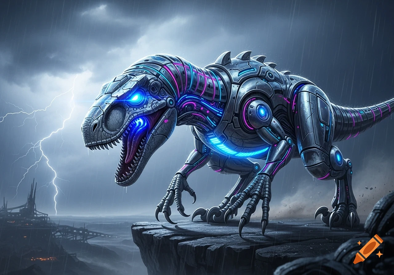 A detailed cybernetic raptor with blue and pink neon lights stands on a ...
