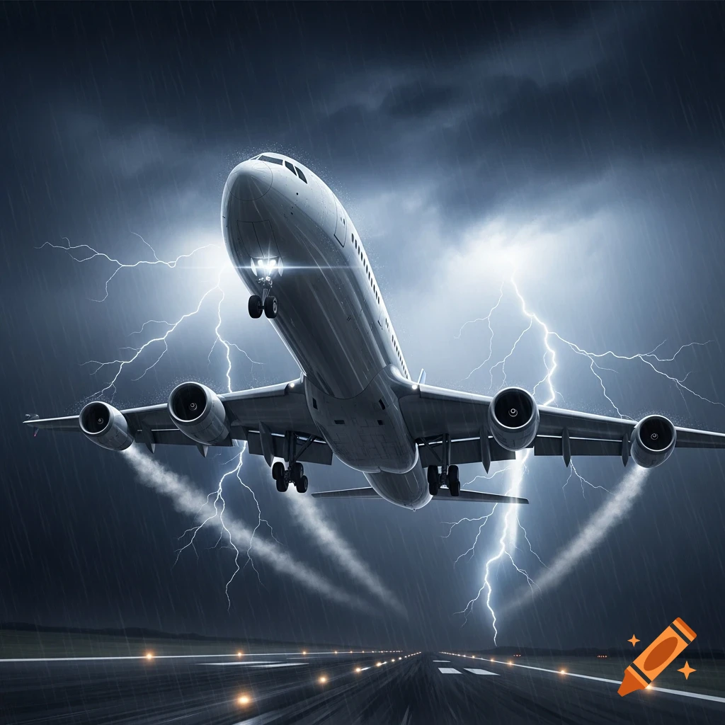 Photorealistic image of a large white airplane taking off from a runway ...