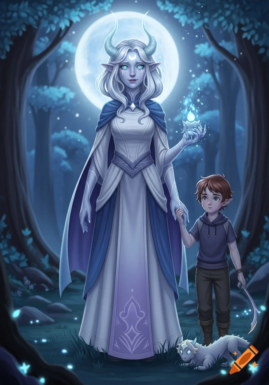 A tall, silver-haired moon elf in white and blue robes holds hands with ...