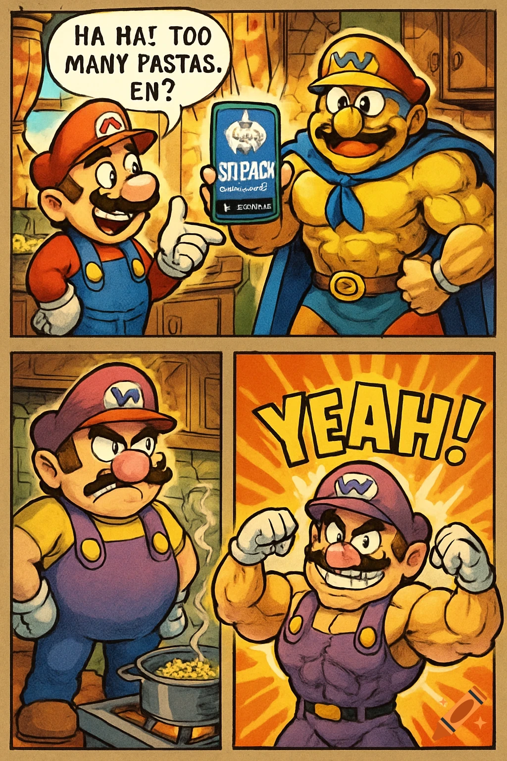 A four-panel comic strip where Mario laughs at Wario. A buff character ...